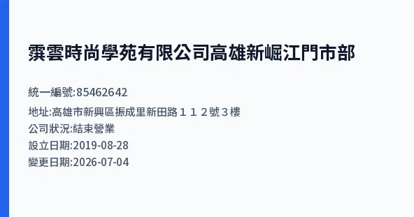 霟雲時尚學苑有限公司高雄新崛江門市部的照片-統編 85462642(高雄市) 公司登記資料與營業項目詳細圖表