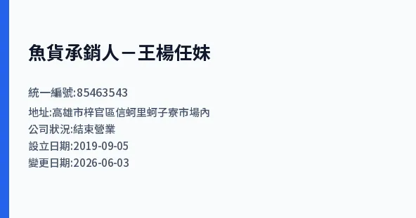 魚貨承銷人-王楊任妹的照片-統編 85463543(高雄市) 公司登記資料與營業項目詳細圖表