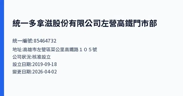 統一多拿滋股份有限公司左營高鐵門市部的照片-統編 85464732(高雄市) 公司登記資料與營業項目詳細圖表
