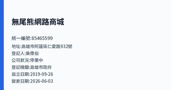 無尾熊網路商城的照片-統編 85465599(高雄市) 公司登記資料與營業項目詳細圖表