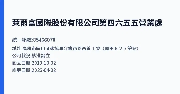 萊爾富國際股份有限公司第四六五五營業處的照片-統編 85466078(高雄市) 公司登記資料與營業項目詳細圖表
