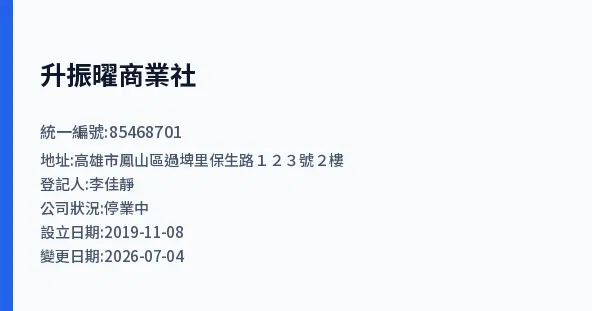 升振曜商業社的照片-統編 85468701(高雄市) 公司登記資料與營業項目詳細圖表