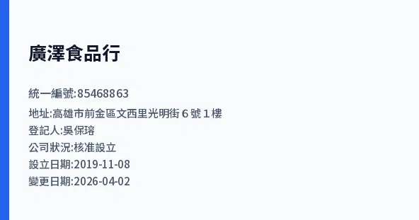 廣澤食品行的照片-統編 85468863(高雄市) 公司登記資料與營業項目詳細圖表