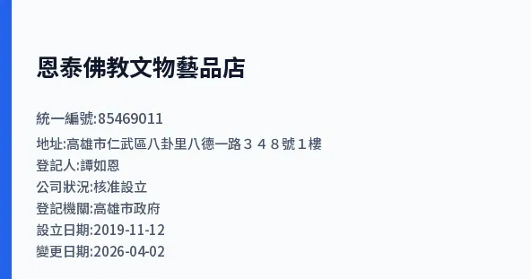 恩泰佛教文物藝品店的照片-統編 85469011(高雄市) 公司登記資料與營業項目詳細圖表
