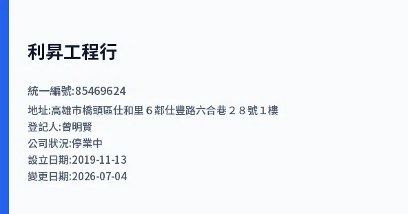 利昇工程行的照片-統編 85469624(高雄市) 公司登記資料與營業項目詳細圖表