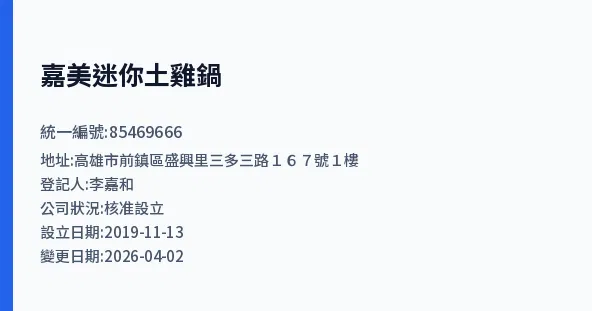 嘉美迷你土雞鍋的照片-統編 85469666(高雄市) 公司登記資料與營業項目詳細圖表