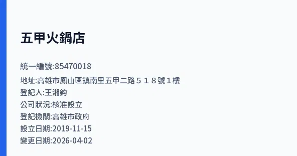 五甲火鍋店的照片-統編 85470018(高雄市) 公司登記資料與營業項目詳細圖表