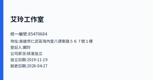 艾玲工作室的照片-統編 85470684(高雄市) 公司登記資料與營業項目詳細圖表