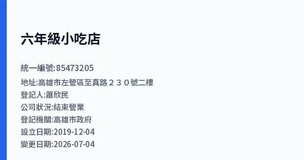 六年級小吃店的照片-統編 85473205(高雄市) 公司登記資料與營業項目詳細圖表