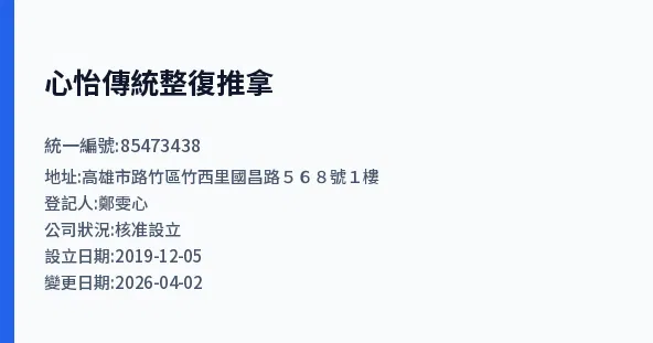 心怡傳統整復推拿的照片-統編 85473438(高雄市) 公司登記資料與營業項目詳細圖表
