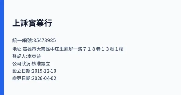 上訸實業行的照片-統編 85473985(高雄市) 公司登記資料與營業項目詳細圖表