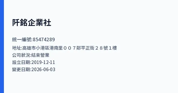 阡銘企業社的照片-統編 85474289(高雄市) 公司登記資料與營業項目詳細圖表