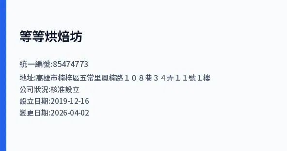 等等烘焙坊的照片-統編 85474773(高雄市) 公司登記資料與營業項目詳細圖表