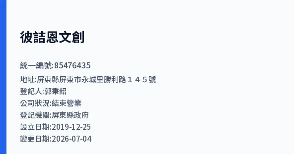 彼詰恩文創的照片-統編 85476435(屏東縣) 公司登記資料與營業項目詳細圖表