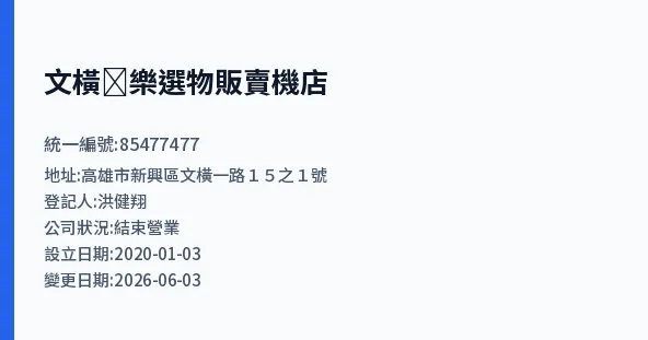 文橫娯樂選物販賣機店的照片-統編 85477477(高雄市) 公司登記資料與營業項目詳細圖表