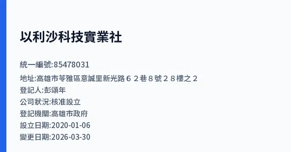 以利沙科技實業社的照片-統編 85478031(高雄市) 公司登記資料與營業項目詳細圖表