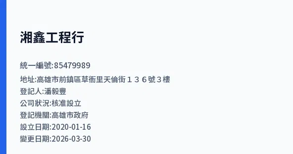 湘鑫工程行的照片-統編 85479989(高雄市) 公司登記資料與營業項目詳細圖表