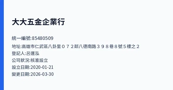 大大五金企業行的照片-統編 85480509(高雄市) 公司登記資料與營業項目詳細圖表