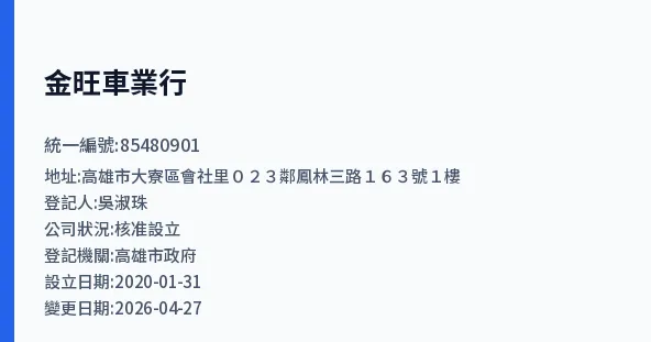 金旺車業行的照片-統編 85480901(高雄市) 公司登記資料與營業項目詳細圖表