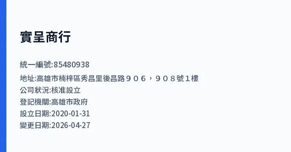 實呈商行的照片-統編 85480938(高雄市) 公司登記資料與營業項目詳細圖表