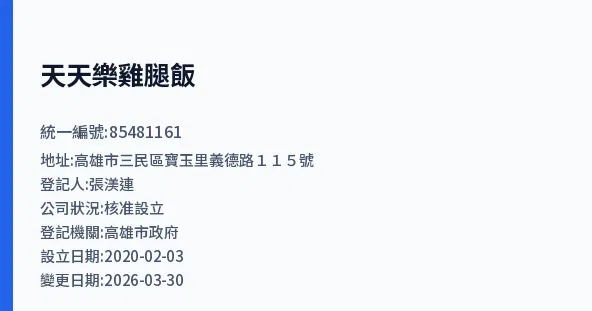 天天樂雞腿飯的照片-統編 85481161(高雄市) 公司登記資料與營業項目詳細圖表