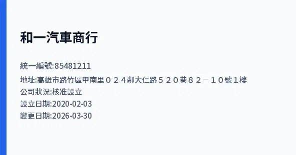 和一汽車商行的照片-統編 85481211(高雄市) 公司登記資料與營業項目詳細圖表