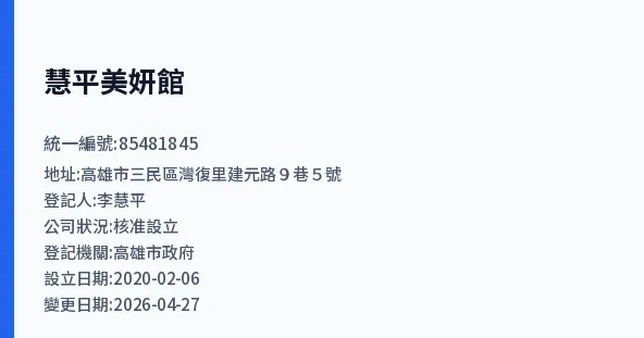 慧平美妍館的照片-統編 85481845(高雄市) 公司登記資料與營業項目詳細圖表