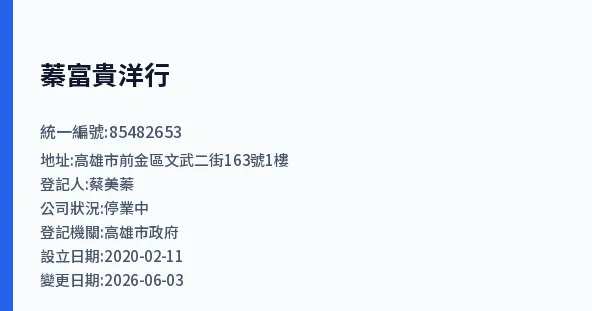 蓁富貴洋行的照片-統編 85482653(高雄市) 公司登記資料與營業項目詳細圖表
