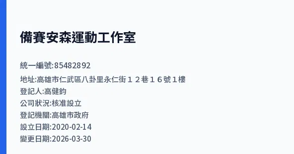 備賽安森運動工作室的照片-統編 85482892(高雄市) 公司登記資料與營業項目詳細圖表