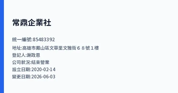 常鼎企業社的照片-統編 85483392(高雄市) 公司登記資料與營業項目詳細圖表