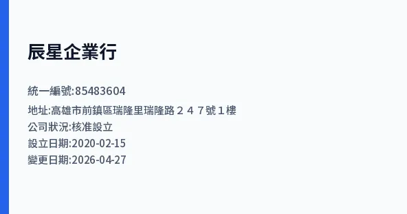 辰星企業行的照片-統編 85483604(高雄市) 公司登記資料與營業項目詳細圖表