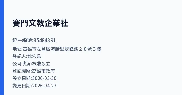 賽門文教企業社的照片-統編 85484391(高雄市) 公司登記資料與營業項目詳細圖表