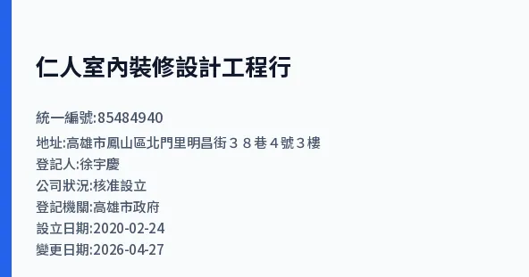 仁人室內裝修設計工程行的照片-統編 85484940(高雄市) 公司登記資料與營業項目詳細圖表