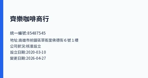 齊樂咖啡商行的照片-統編 85487545(高雄市) 公司登記資料與營業項目詳細圖表