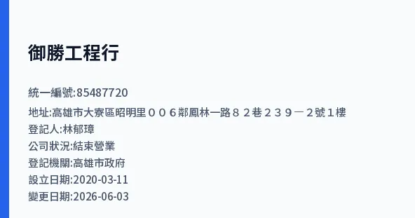 御勝工程行的照片-統編 85487720(高雄市) 公司登記資料與營業項目詳細圖表