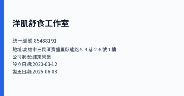洋肌舒食工作室的照片-統編 85488191(高雄市) 公司登記資料與營業項目詳細圖表