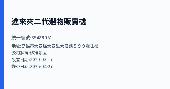 進來夾二代選物販賣機的照片-統編 85488951(高雄市) 公司登記資料與營業項目詳細圖表