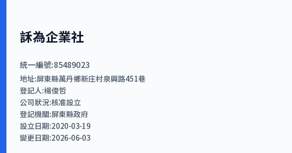 訸為企業社的照片-統編 85489023(屏東縣) 公司登記資料與營業項目詳細圖表