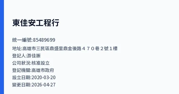 東佳安工程行的照片-統編 85489699(高雄市) 公司登記資料與營業項目詳細圖表