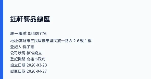 鈺軒藝品總匯的照片-統編 85489776(高雄市) 公司登記資料與營業項目詳細圖表