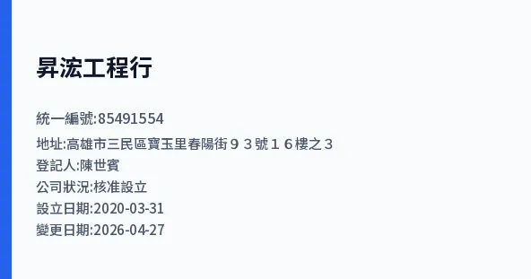 昇浤工程行的照片-統編 85491554(高雄市) 公司登記資料與營業項目詳細圖表