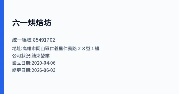 六一烘焙坊的照片-統編 85491702(高雄市) 公司登記資料與營業項目詳細圖表