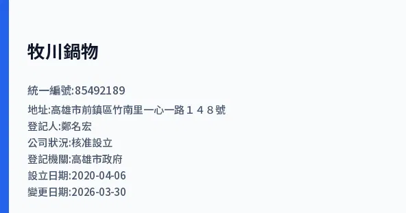 牧川鍋物的照片-統編 85492189(高雄市) 公司登記資料與營業項目詳細圖表