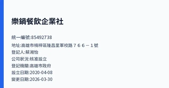 樂鍋餐飲企業社的照片-統編 85492738(高雄市) 公司登記資料與營業項目詳細圖表
