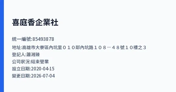 喜庭香企業社的照片-統編 85493878(高雄市) 公司登記資料與營業項目詳細圖表
