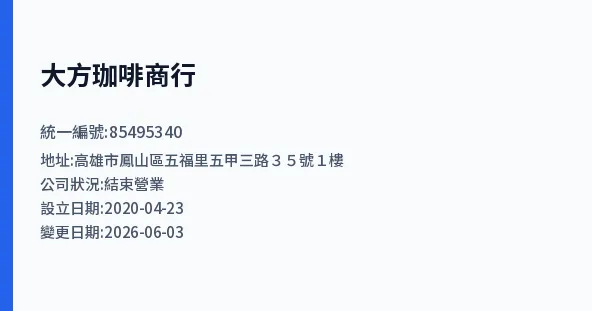 大方珈啡商行的照片-統編 85495340(高雄市) 公司登記資料與營業項目詳細圖表