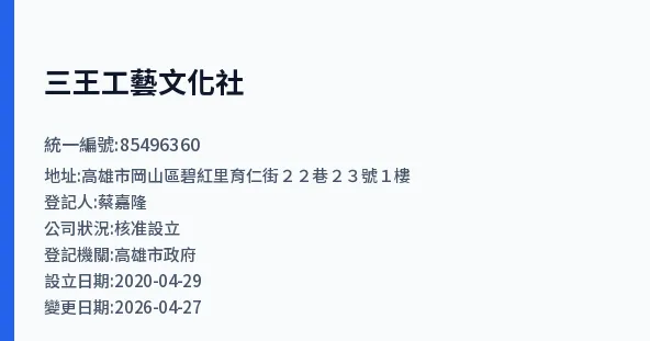 三王工藝文化社的照片-統編 85496360(高雄市) 公司登記資料與營業項目詳細圖表
