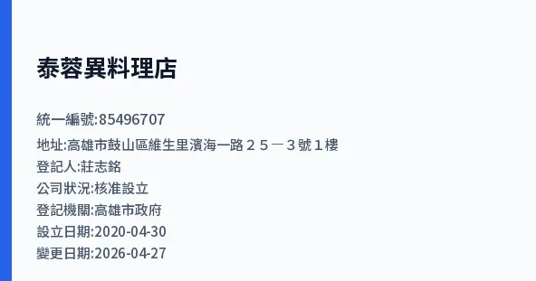 泰蓉異料理店的照片-統編 85496707(高雄市) 公司登記資料與營業項目詳細圖表