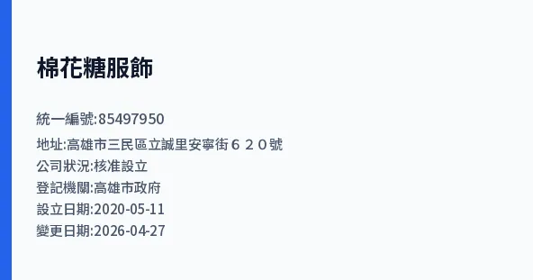 棉花糖服飾的照片-統編 85497950(高雄市) 公司登記資料與營業項目詳細圖表