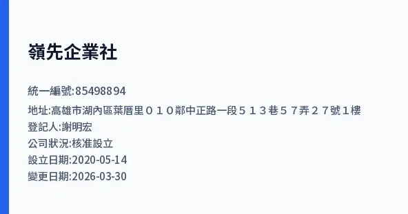 嶺先企業社的照片-統編 85498894(高雄市) 公司登記資料與營業項目詳細圖表